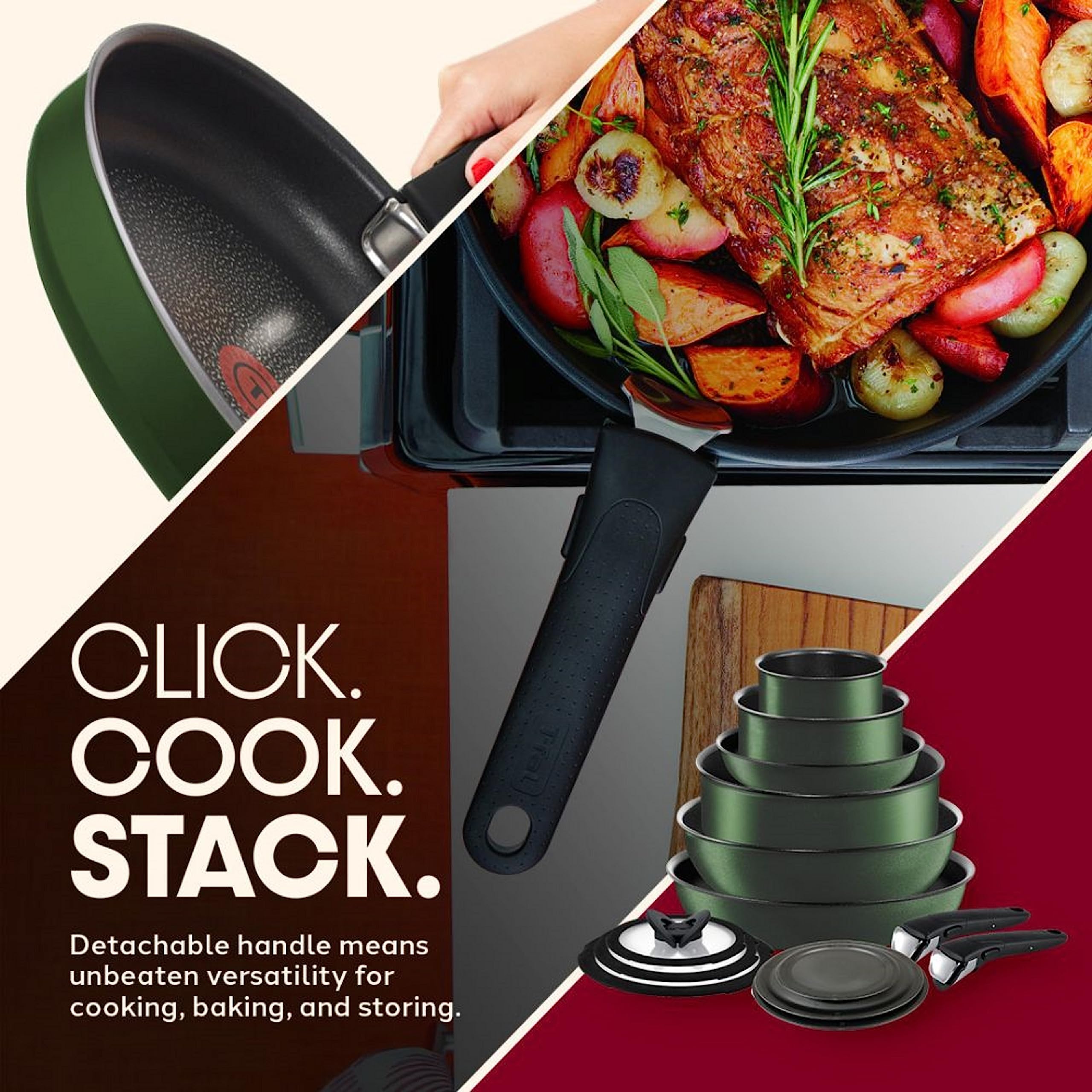 T-fal Ingenio Nonstick Cookware Set 14 Piece Induction Stackable, Detachable Handle, Removable Handle, RV Cookware, Cookware, Pots and Pans, Oven, Broil, Dishwasher Safe, Forest Green
