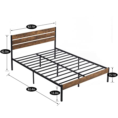 VECELO Platform Queen Bed Frame with Rustic Vintage Wood Headboard and Footboard, Mattress Foundation, Strong Metal Slats Support, No Box Spring Needed