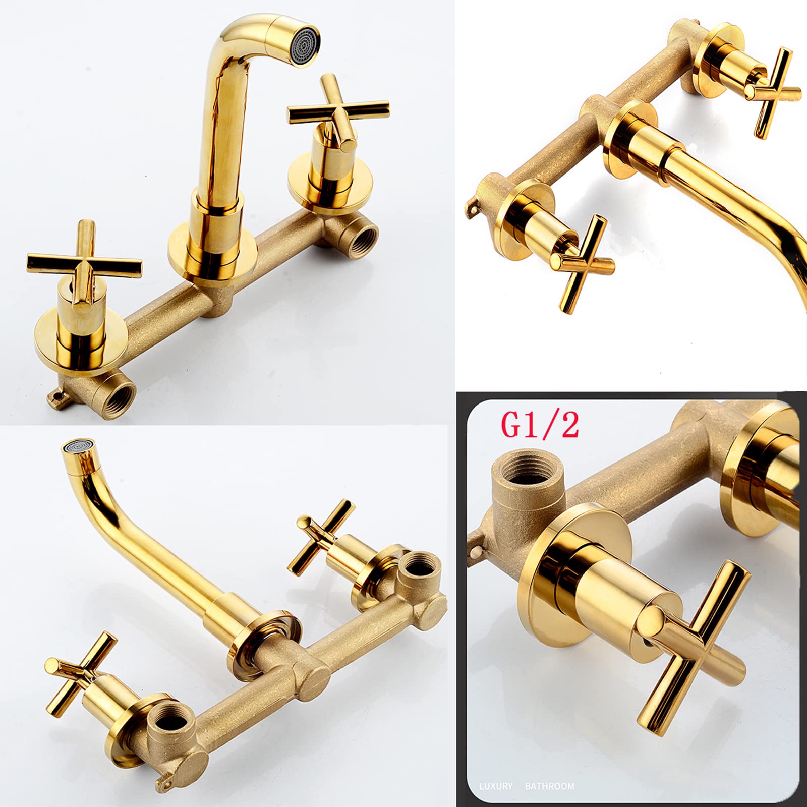 Wall Mount Bathroom Faucet,Double Handle Wall Mount Brass Basin Mixer,360 Degree Rotating Nozzle,1/2 Standard Thread,Bathroom Faucet,Gold (Color : Gold)