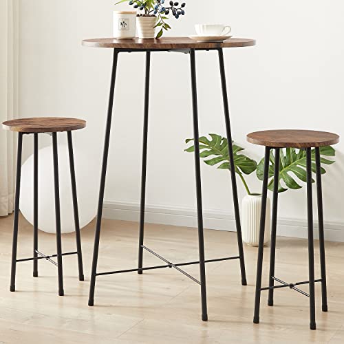VECELO Small Bar Table and Chairs, Round Bistro Sets with 2 barstools, 3-Piece Pub Dining Furniture, Counter Height Wood Top for Breakfast Dinner Coffee Nap Conference, Easy Assembly, Rustic Brown