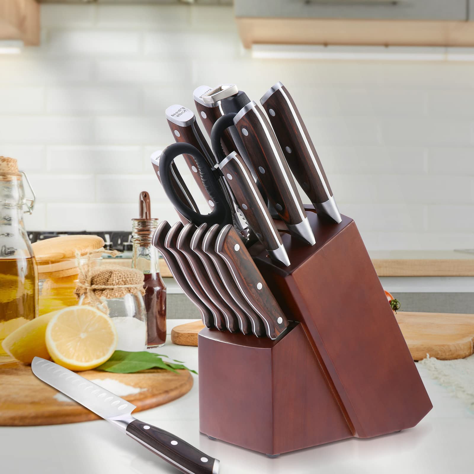 Enfmay 15 Pieces Kitchen Knife Set, Professional Kitchen Knives, Household Cutting Knives Set for Kitchen, Made of Germany 1.4116 Stainless Steel, Extra Sharpness Kitchen Knife Set with Block
