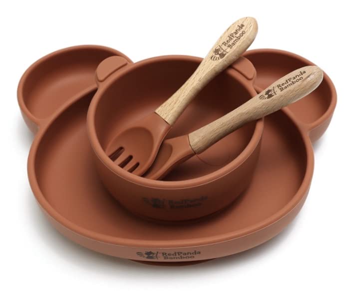 Red Panda Bamboo Silicone Suction Plate and Bowl Set with Spoon and Fork BPA Free Divider Kids Plate Bear Plate Bear Bowl Animal plate Microwave Safe Dishwasher Safe