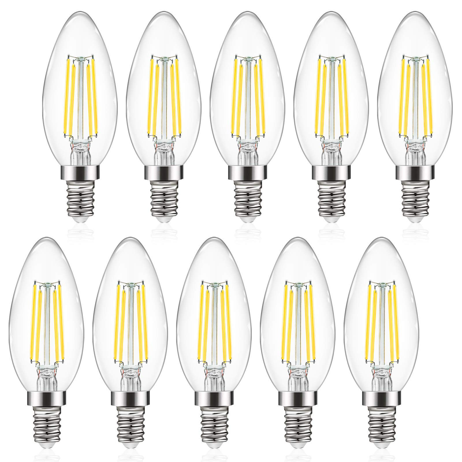 Defurhome E12 Candelabra LED Bulbs, 550LM, 60W Incandescent Equivalent, Daylight White 5000K, Non-Dimmable, C35 Filament Glass Bulb, Decorative Candle Light Bulbs - Pack of 10