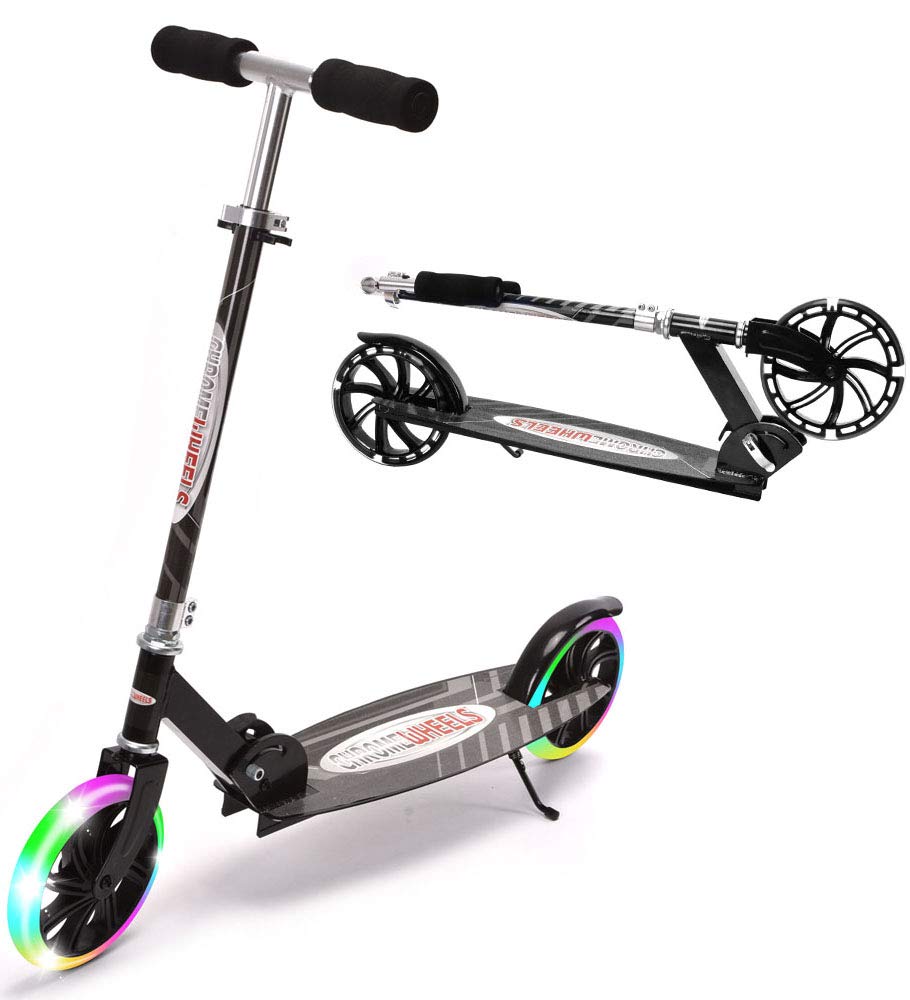 ChromeWheels Kick Scooter, Deluxe 8" Large 2 Light Up Wheels Wide Deck 5 Adjustable Height with Kickstand Foldable Scooters, Best Gift for Age 9 up Kids Girls Boys Teens, 180 lbs Weight Limit, Black