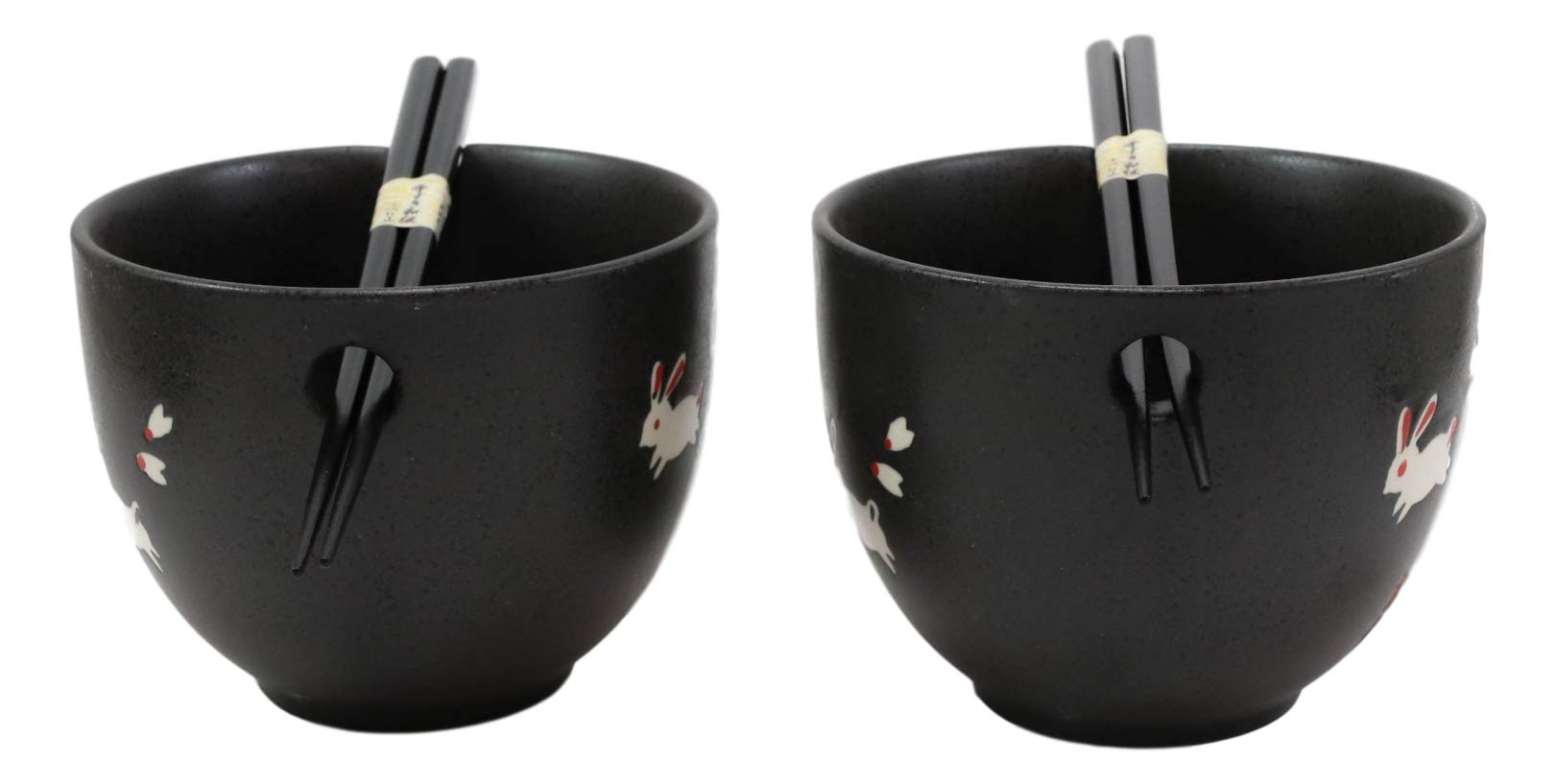 Ebros Pack Of 2 Ceramic Flying White Moon Rabbit Hare Ramen Udong Noodles Black Bowls and Chopsticks For Asian Dining Soup Rice Pasta Salad Collection of Bowl Decor Home Kitchen