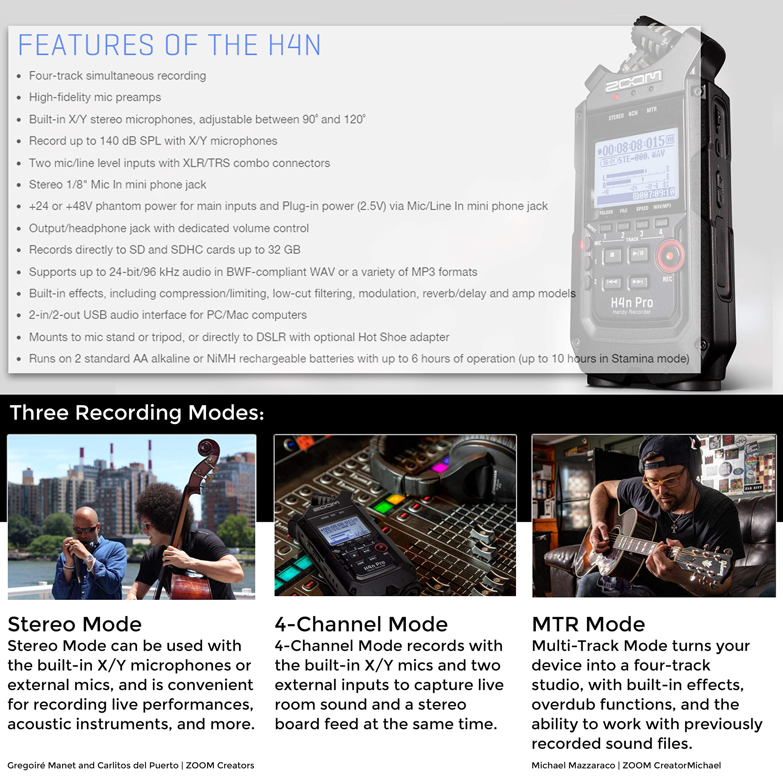 Zoom H4n Pro 4-Input / 4-Track Portable Handy Recorder with Onboard X/Y Mic Capsule (Black) + 32GB Memory Card + Professional Lavalier Condenser Microphone + 4 AA Batteries and Charger