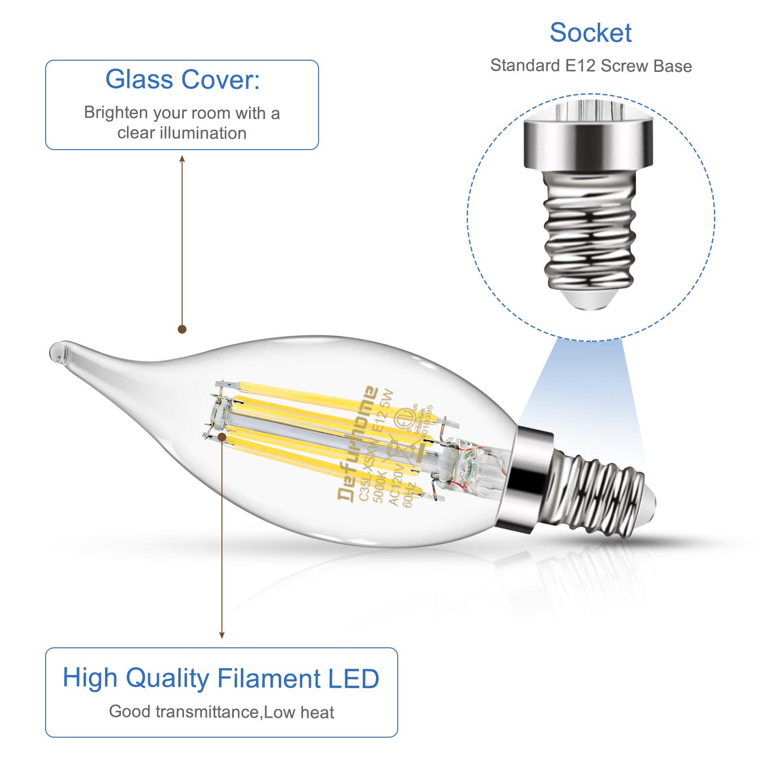 Defurhome E12 Candelabra Bulbs, 5W, Equivalent 60W, 550LM, Flame Tip, Daylight White 5000K, Non-Dimmable, Chandelier Candle Base, Decoration Clear Glass Light Bulbs, Pack of 6