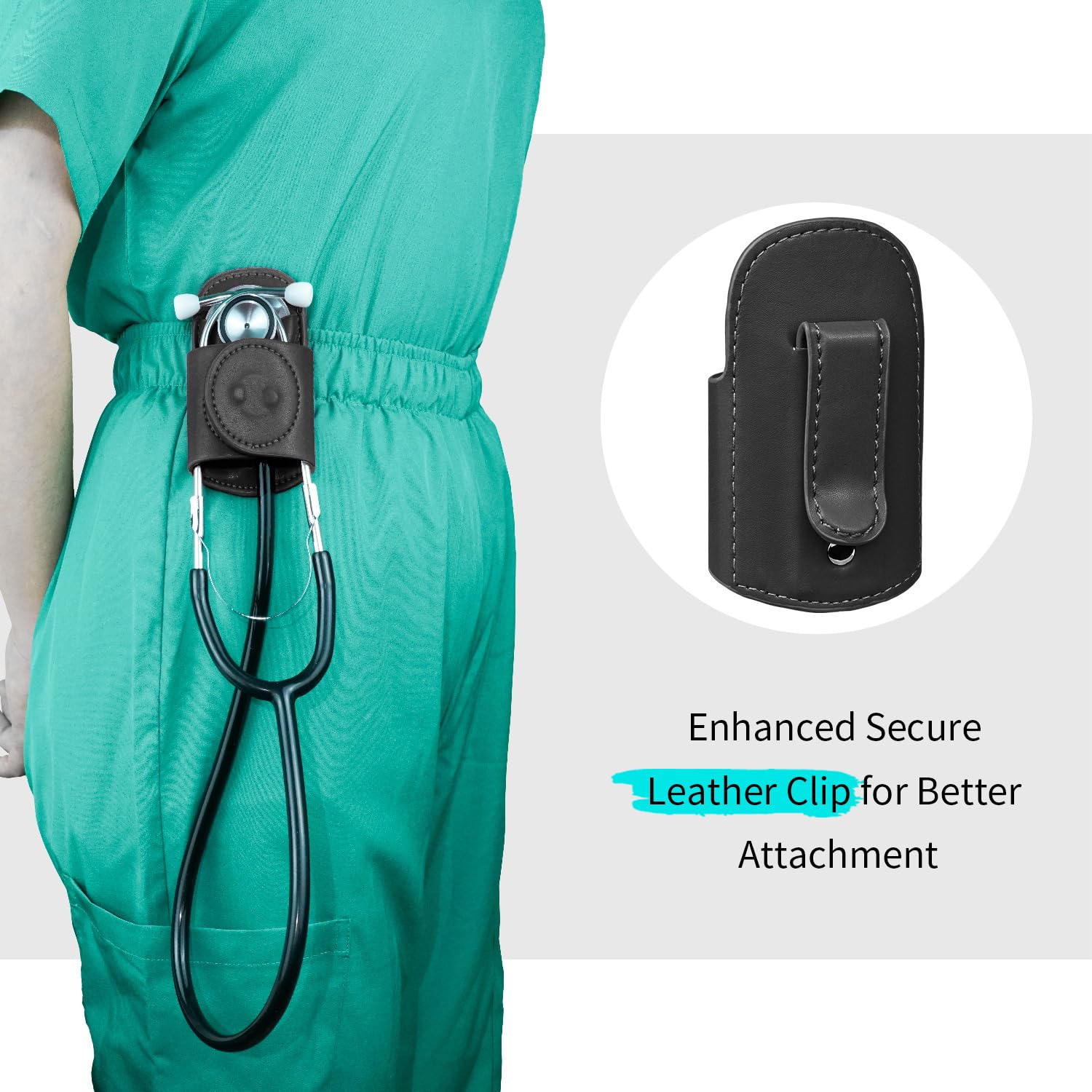 Magnetic Stethoscope Holder for Scrubs, with Leather-Covered Clip for Littmann & Most Stethoscopes, Stethoscope Holder Clip for Scrubs/Belts/Backpacks, Black