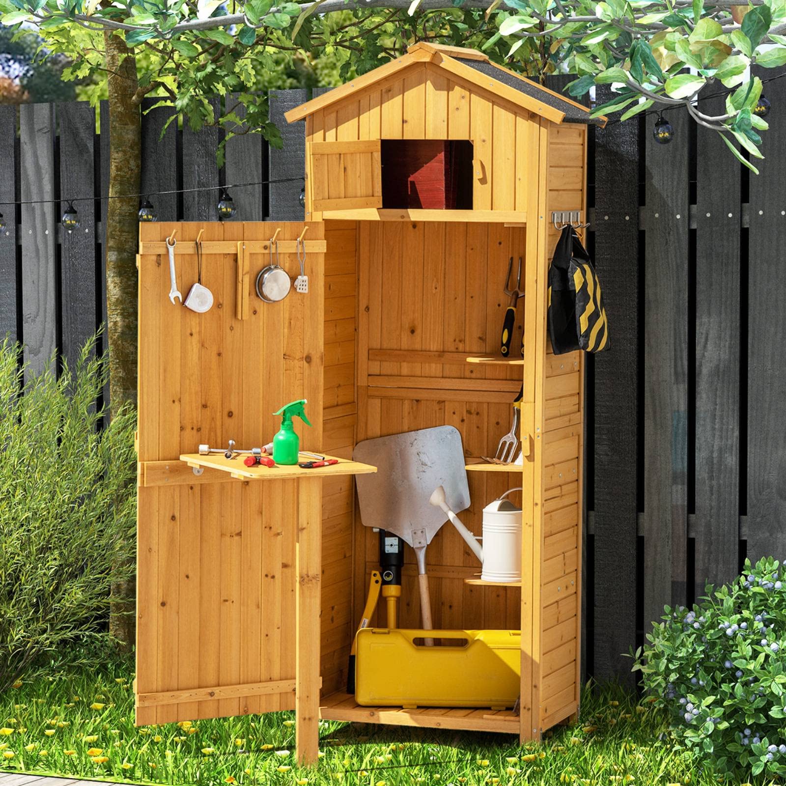 IRONMAX Outdoor Wooden Storage Shed, 71 Inches Outside Vertical Tool Storage Cabinet w/Folding Table & Removable Shelves, Tall Wood Garden Shed for Patio, Deck, Backyard, Lawn