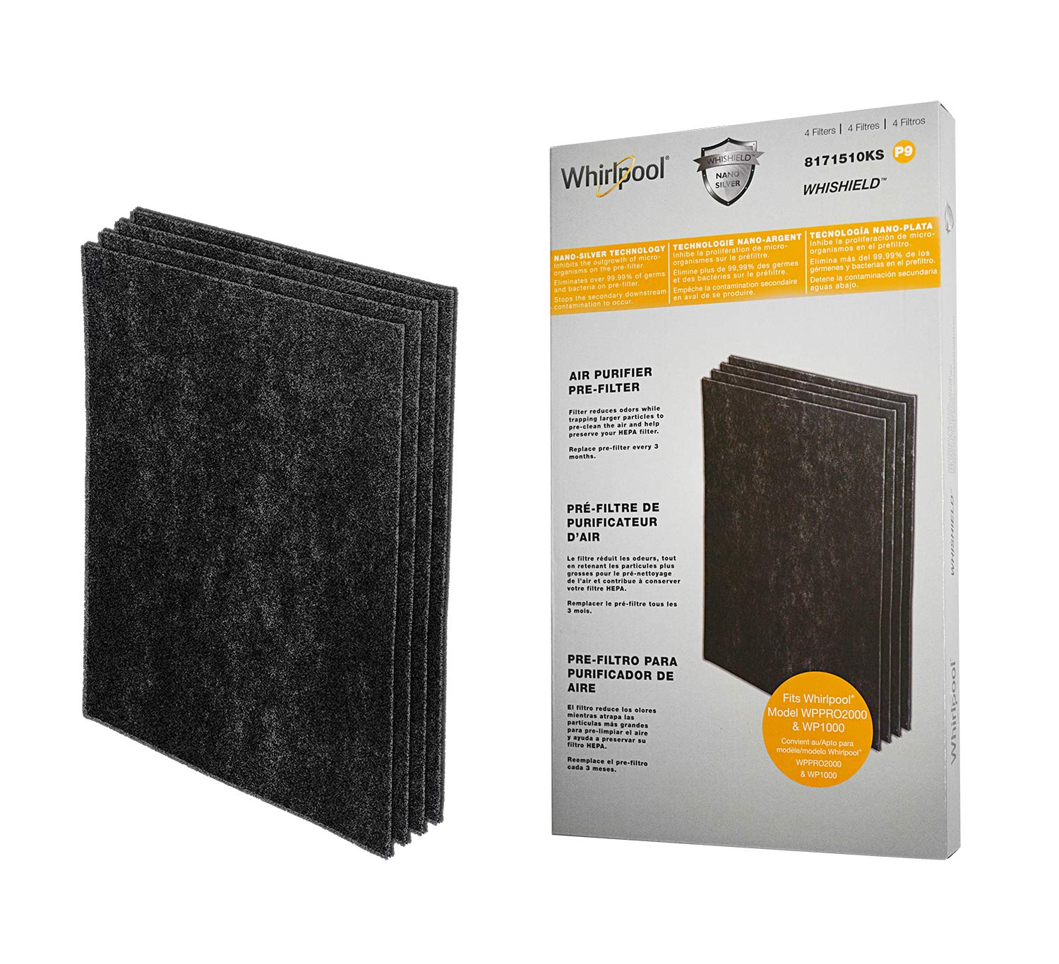 Whirlpool 8171510KS Genuine Charcoal Pre-Filter - Whishield Anti-Microbial Activated Replacement Fit for Air Purifier WP1000, WPPRO2000, Extra Large 4 Pack