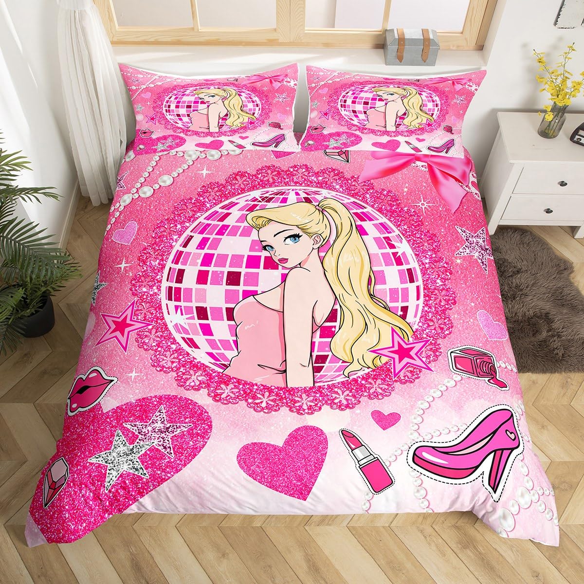 Pink Girly Princess Kids Duvet Cover Set Twin Size,High-heeled Shoes Lip Bowknot Romantic Bedding Set,Beauty Girls Room Decor,Glitter Sequin Diamond Comforter Cover,Dreamy Quilt Cover,1 Pillowcase