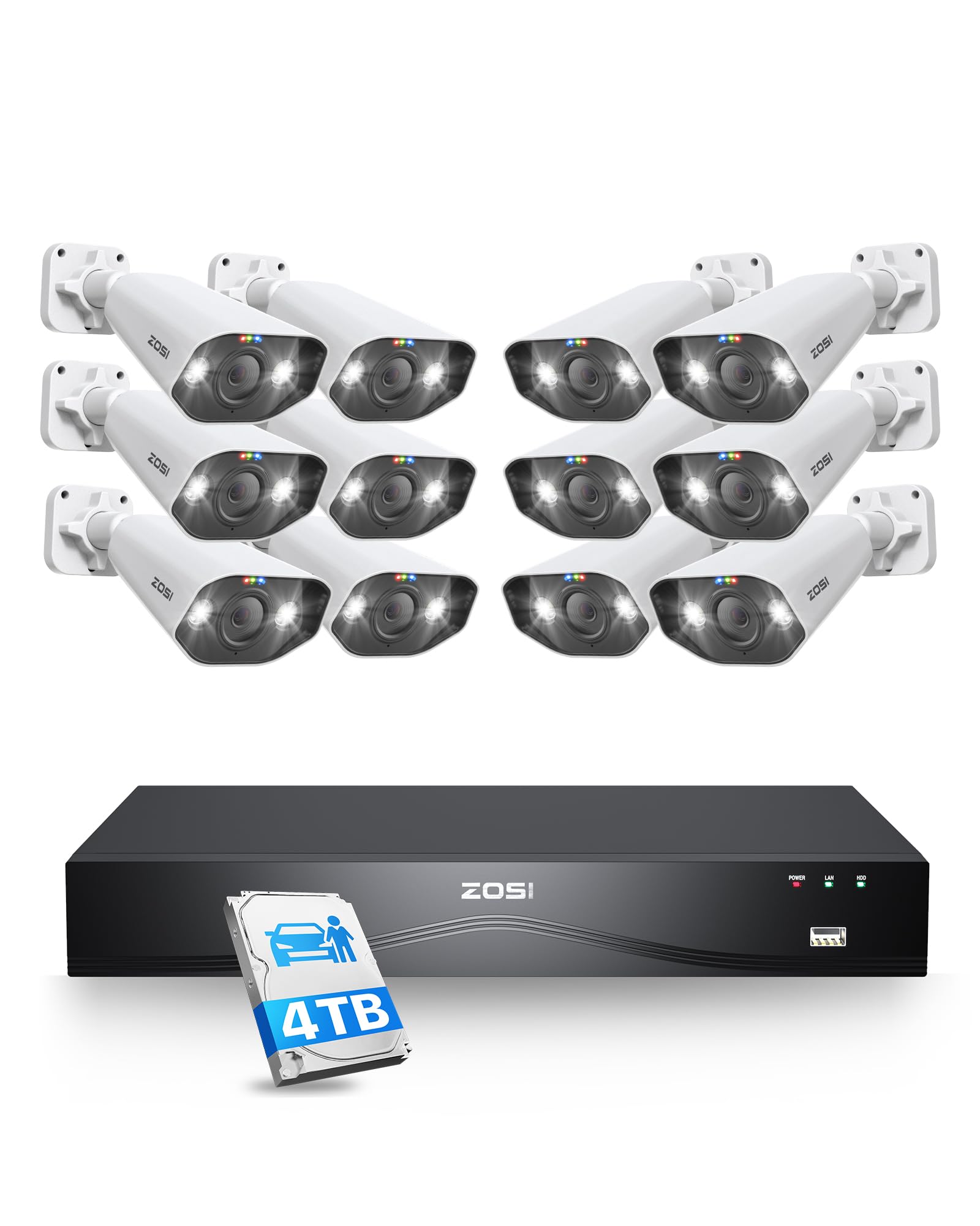 ZOSI 4K PoE Security Camera System with Face Person Vehicle Detection, Color Night Vision, Spotlight Siren, 12pcs 4K Outdoor Indoor PoE Wired Cameras, 24CH 8MP NVR with 4TB HDD for 24/7 Recording