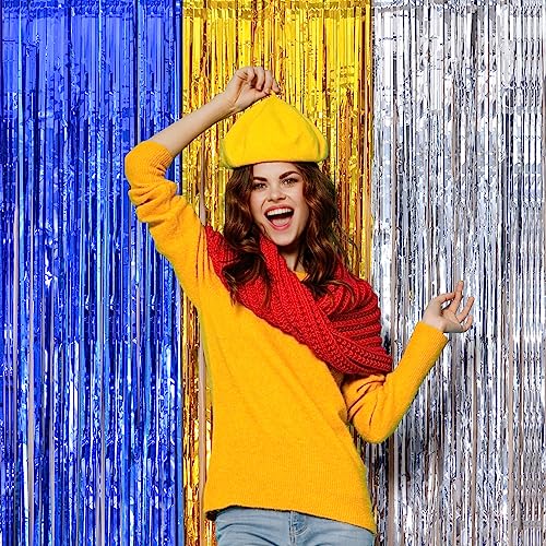 LOLStar 2 Pack Navy Blue Gold and Silver Party Decorations 3.3X6.6 ft Each Foil Fringe Tinsel Curtains Backdrop, Streamers - Perfect for Birthdays, Showers, Retirement, Graduations, Weddings