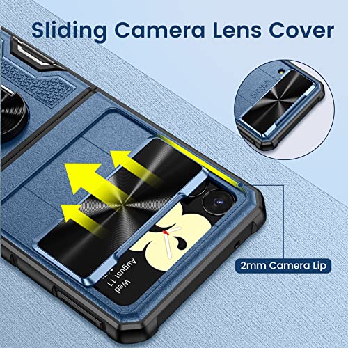 VEGO for Galaxy Z Flip 3 5G Case with Stand, Slide Camera Cover Hinge Protection 360°Rotate Ring Magnetic Kickstand Military Grade Heavy Duty Protection Armor Case for Samsung Z Flip 3 -Dark Blue