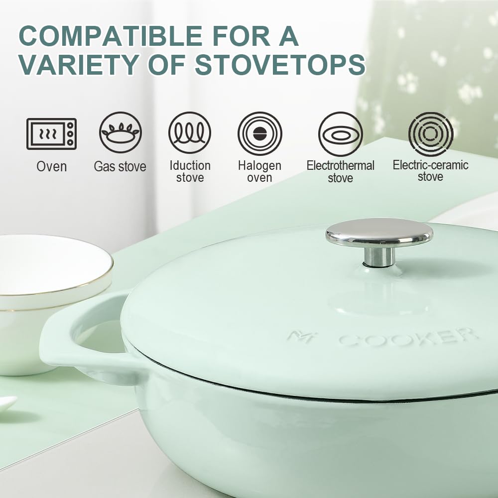 M-COOKER 3.8 Quart Enameled Cast Iron Braiser Pan with Lid,Covered Cast Iron Casserole Dish, Shallow Dutch Oven with Lid, Gift Idea for Family, Oven Safe (Mint green)