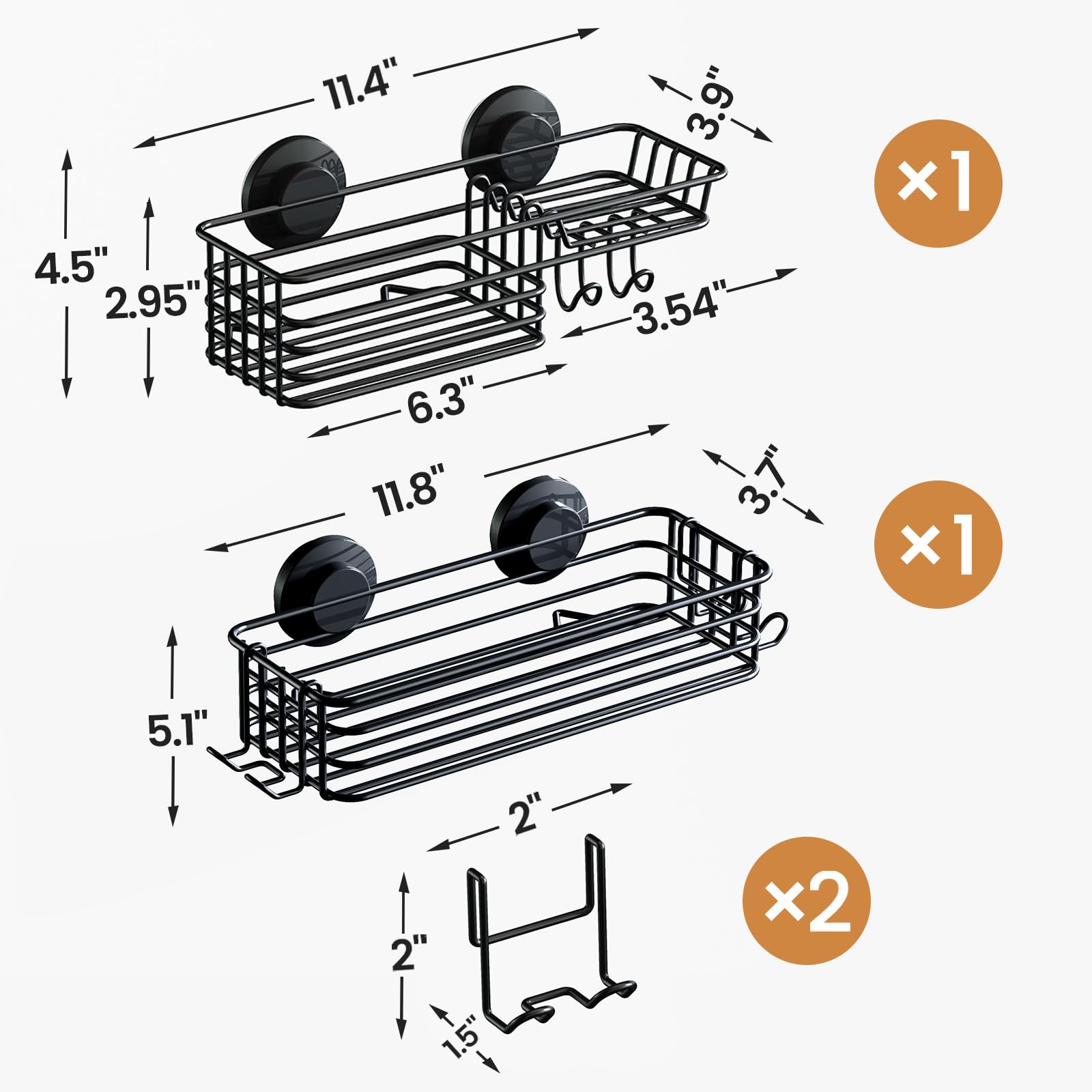 LEVERLOC Shower Caddy Suction Cup, 2 Pack Shower Shelves for Inside Shower with Hooks & Soap holder, NO-Drilling Suction Bathroom Shower Organizer, Stainless Steel Black Shower Storage