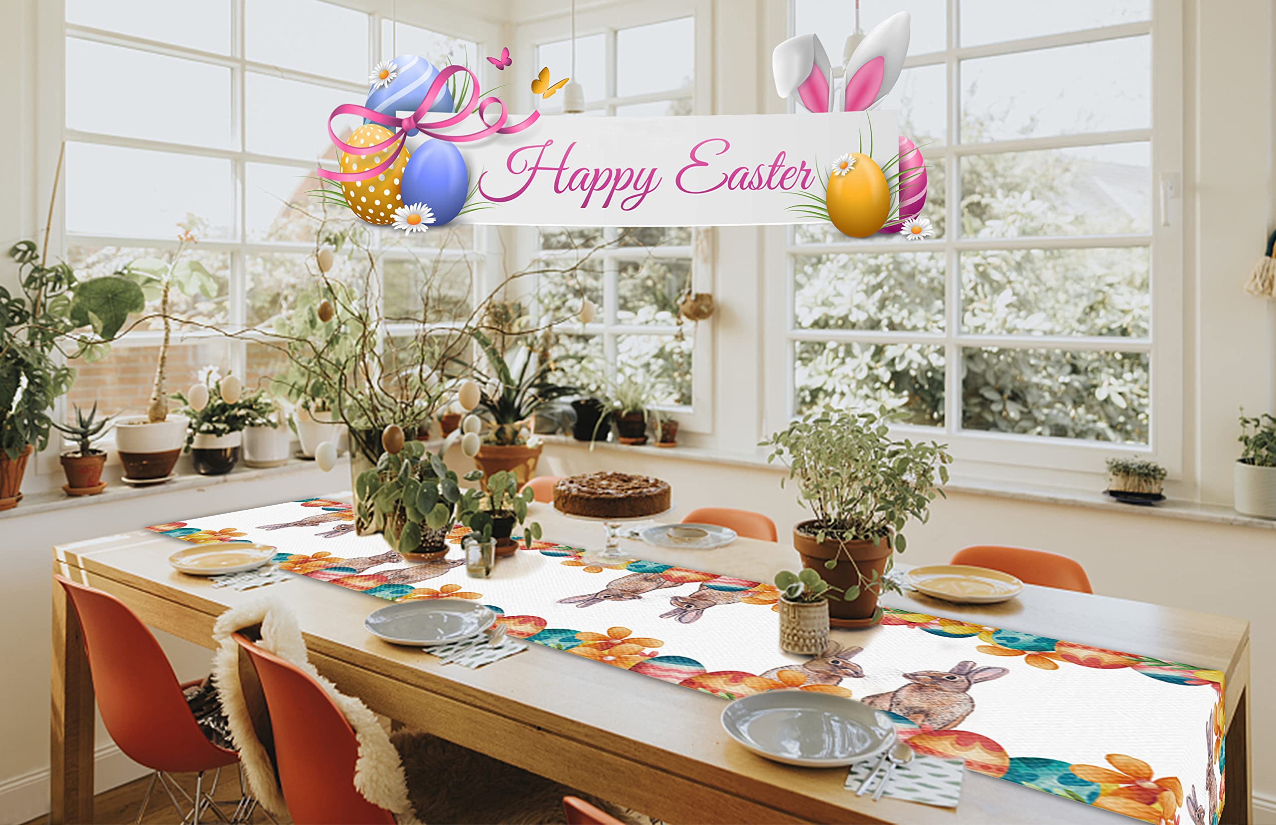 Flyart Easter Table Runner, Easter Decorations Table Runner Easter Bunny Easter Eggs Table Runners, Easter Decor Kitchen Dining Table Runner for Holiday Home Party Farmhouse Spring Decor (13x72 inch)