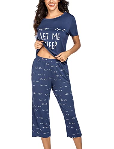 MAXMODA Women's Short Sleeve Capris Pajama Set Sleepwear Pj for Teen Girl Navy Blue L