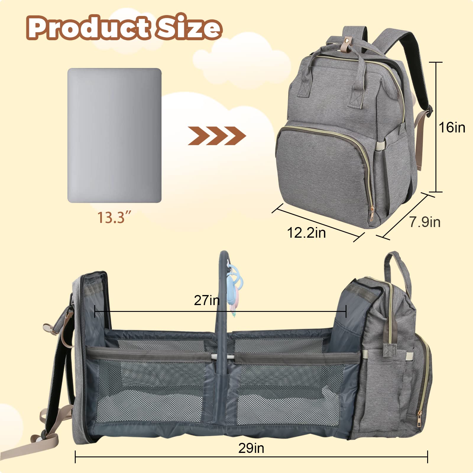 Hiyibo Diaper Bag Backpack with Changing Station, Large Capacity Multifunction Baby Bag with Portable Changing Pad, Waterproof Travel diaper bag with Stroller Straps, Baby Registry Search(Grey)