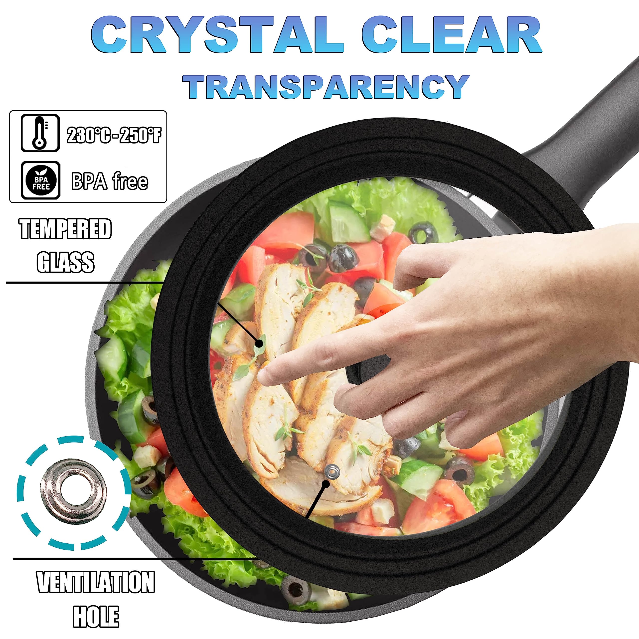 Lerykin Tempered Glass Lid - Universal Lid with Heat Resistant Silicone Rim for Pots, Pans and Skillets - Pan Cover Replacement Lid Fits 9.5", 10" and 11" Diameter Cookware