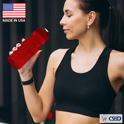 CSBD 24 oz. Bulk Water Bottles, 10 Pack, Made in USA, Blank Plastic Reusable Water Bottles for Gym, Cycling, BPA Free, Plastic Water Bottles Pull Top Cap for Sports, Translucent Red