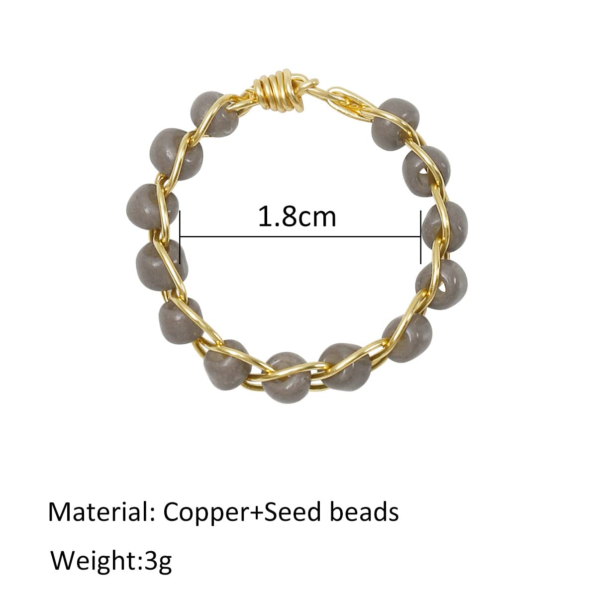 COLORFUL BLING Quartz Crystal Ring, Handmade Wire Wrapped Beaded Braided Quartz Ring, Ring Healing Crystal Gold Rings for Women Eternity Bands for Women Statement Stackable Ring(Gray)