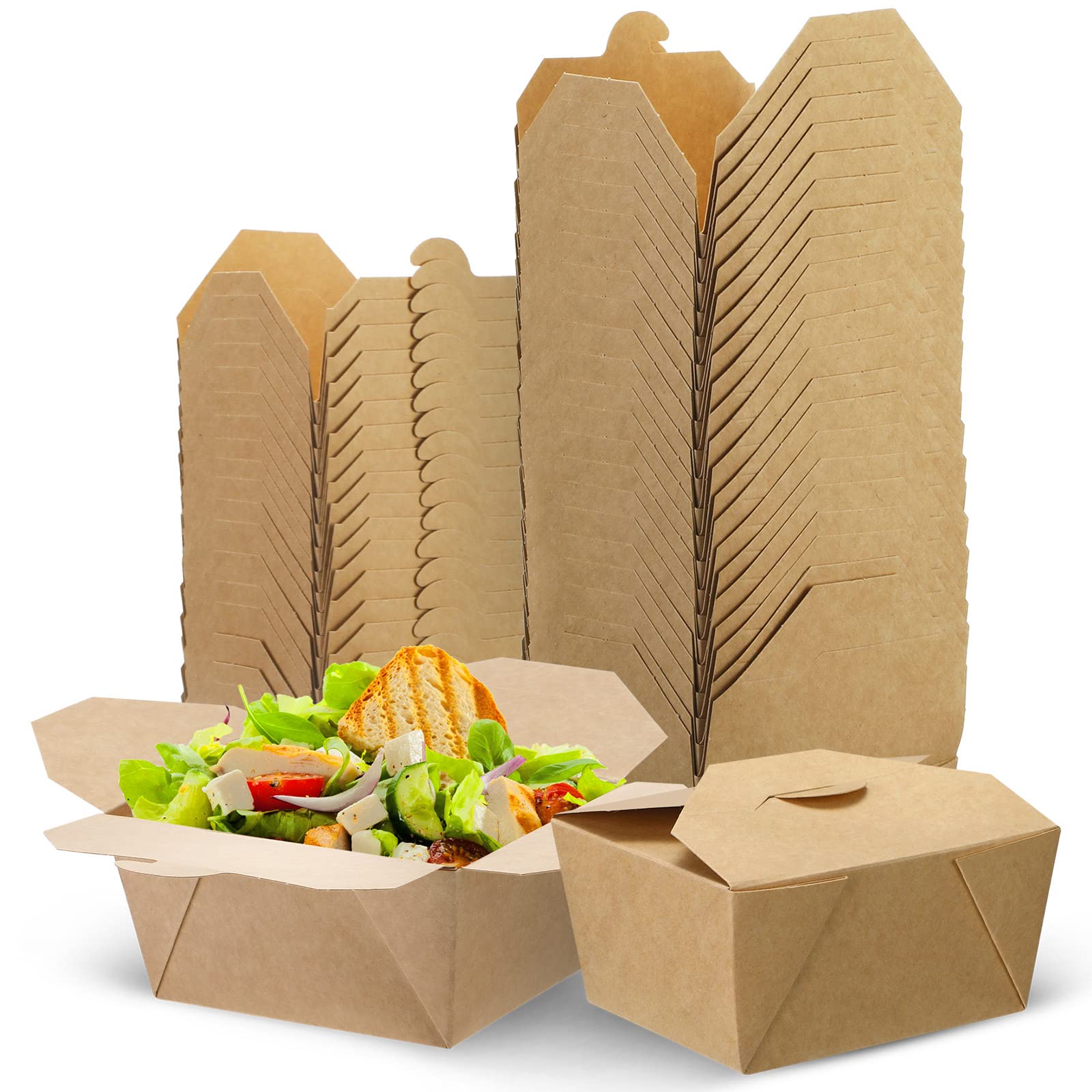 Eaasty 100 Pcs 28 oz Take out Food Containers Microwaveable Disposable Brown Kraft Paper Take out Boxes Leak Grease Resistant Stackable Containers for Restaurant Catering Party Concession Stand Picnic