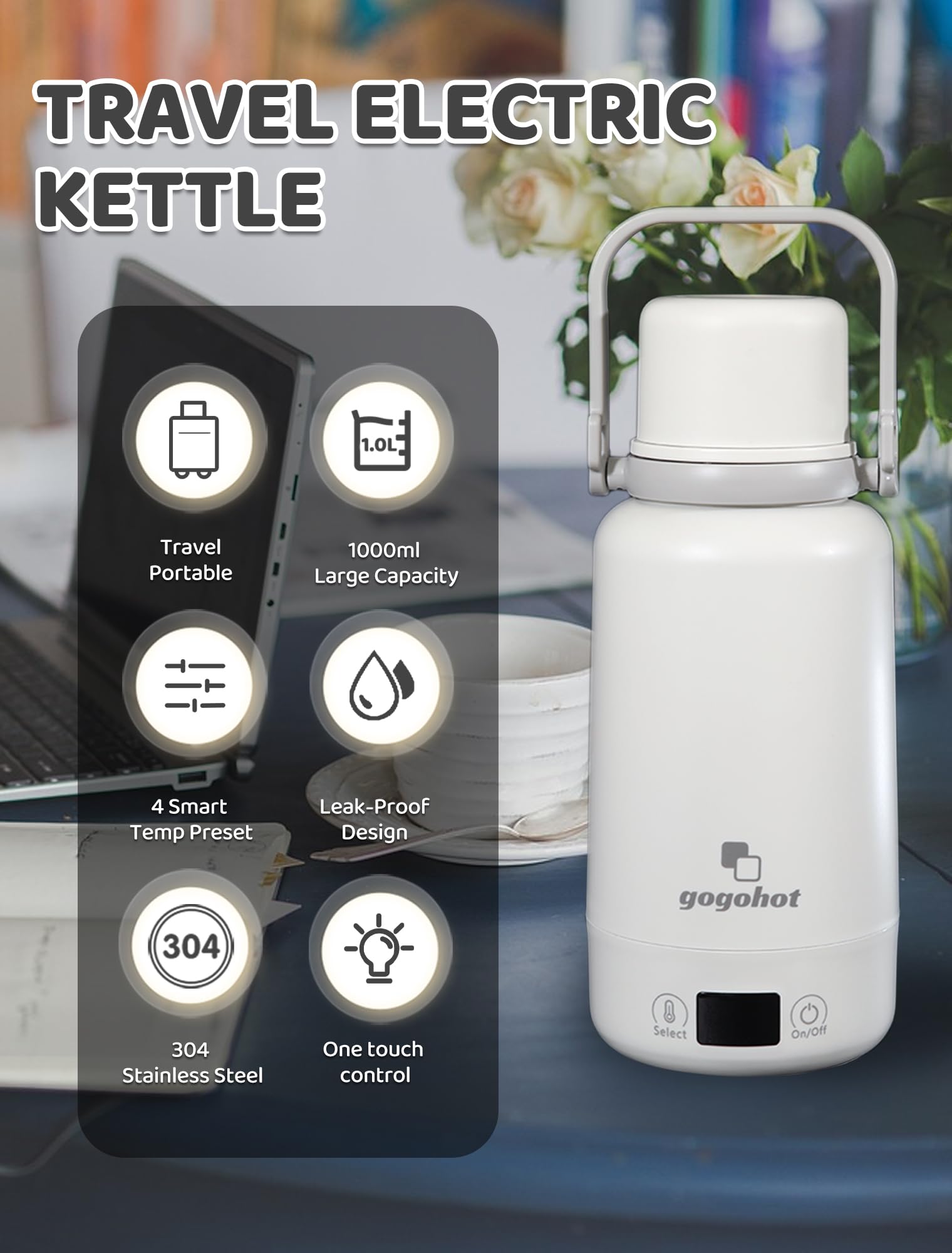 GOGOHOT Portable Travel Electric Kettle - 35.2 oz Large Capacity, 4 Temperature Presets with Dry Boil Protection, Long-Lasting Insulation, Suitable for Home, Hotel, Camping. Practical Gift. (K01)