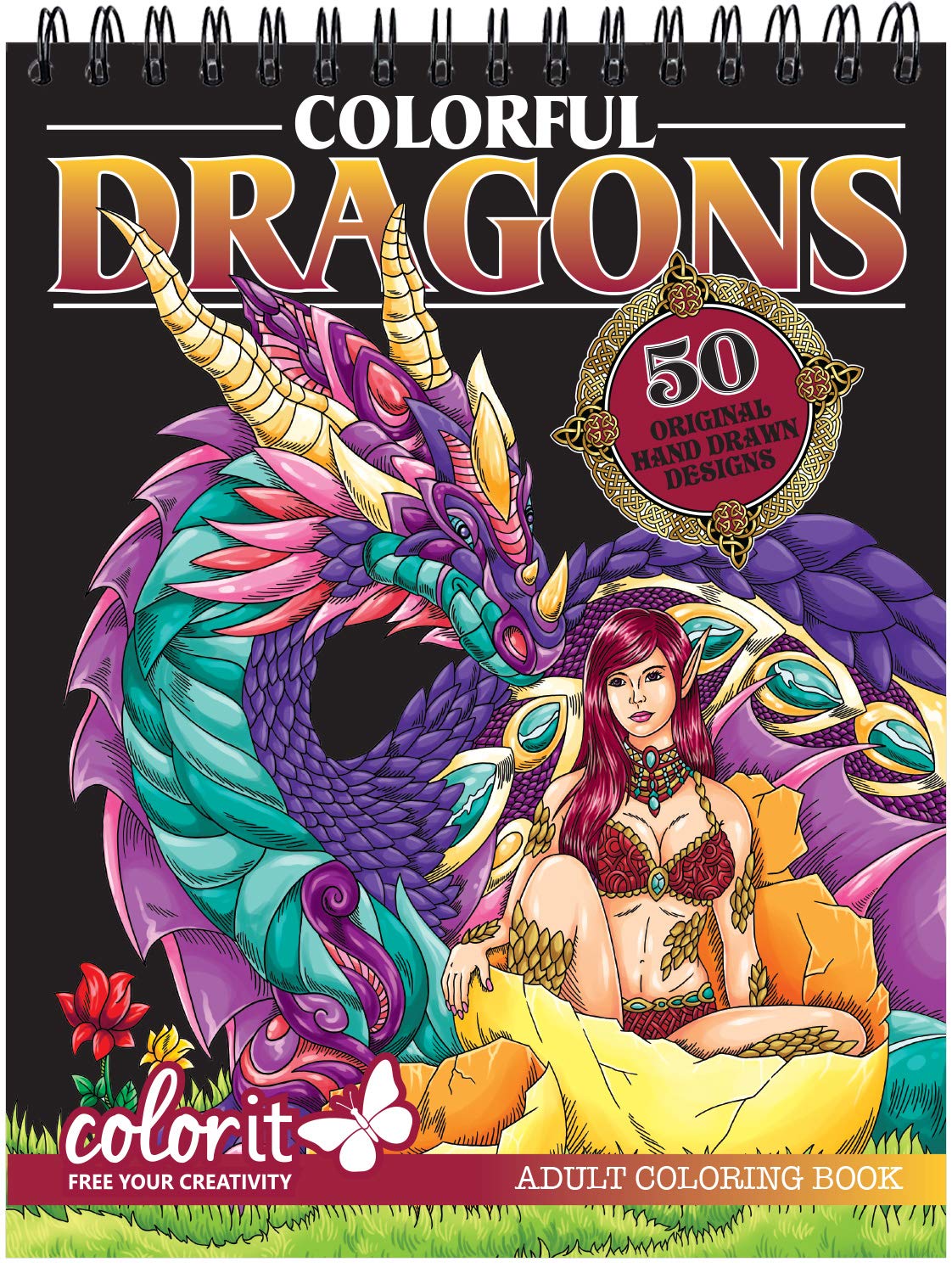 ColorIt Colorful Dragons Adult Coloring Book - 50 Single-Sided Designs, Thick Smooth Paper, Lay Flat Hardback Covers, Spiral Bound, USA Printed, Dragon Pages to Color (Volume I)