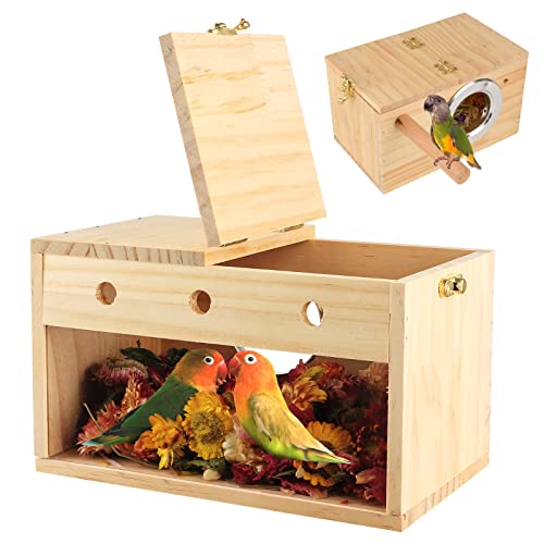 Parakeet Nesting Box Bird Breeding with Perch Wooden Bird House for Cage with Transparent Window for Small Birds Cockatiel Lovebirds(7.8Inch x 4.6Inch x 4.7Inch)