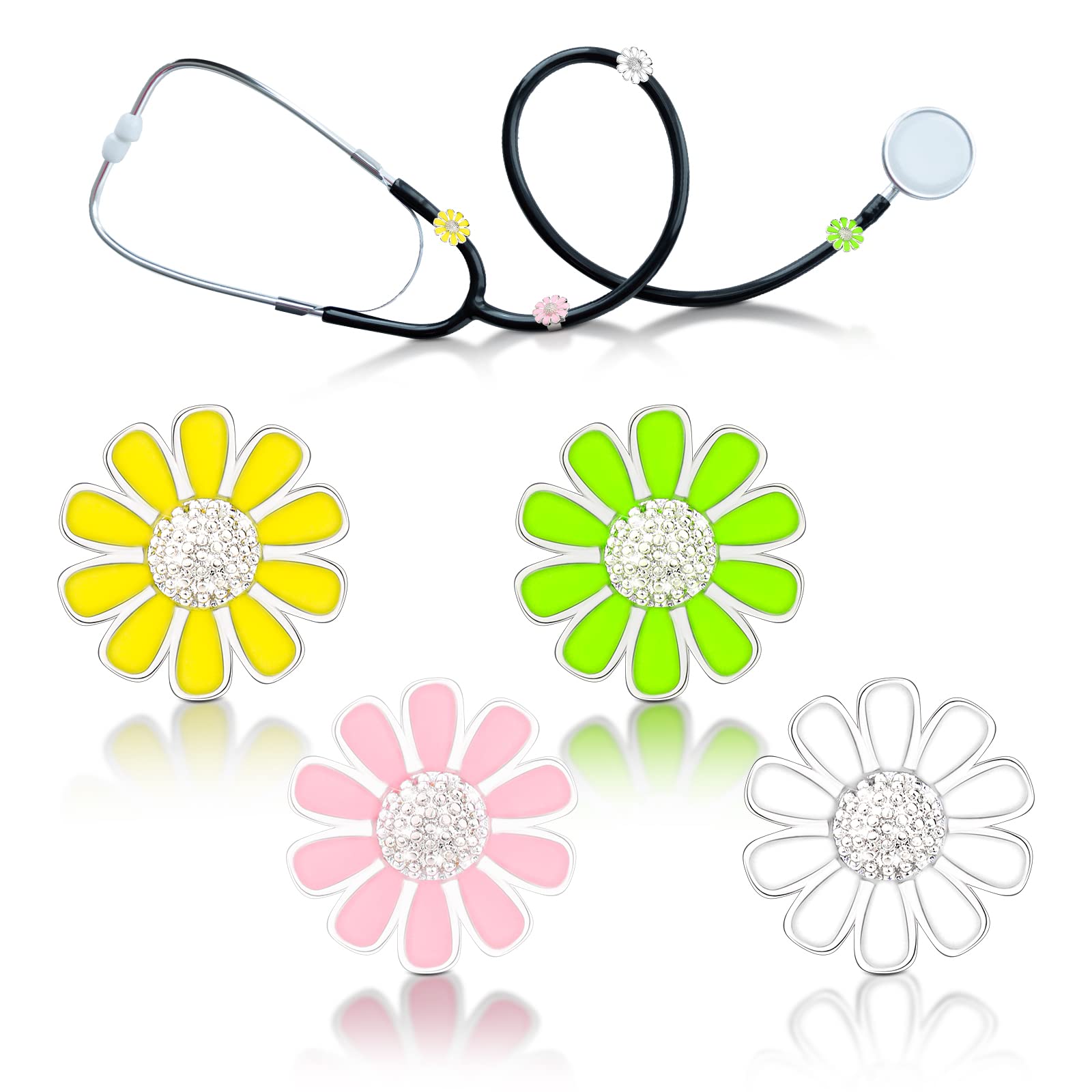 Woanger 4 Pcs Sunflower Bling Stethoscope Charms Flower Stethoscope Tag Stethoscope Accessories Gift for Doctor Nurse Nursing Students, Pink, White, Yellow and Green