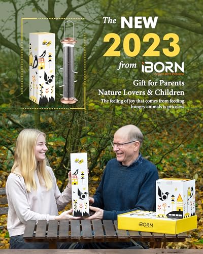 iBorn Metal Bird Feeder Thistle Bird Feeder,Finch Feeders for Thistle Seed,Tube Feeder Hanging Hook 14 Inch Brushed Copper