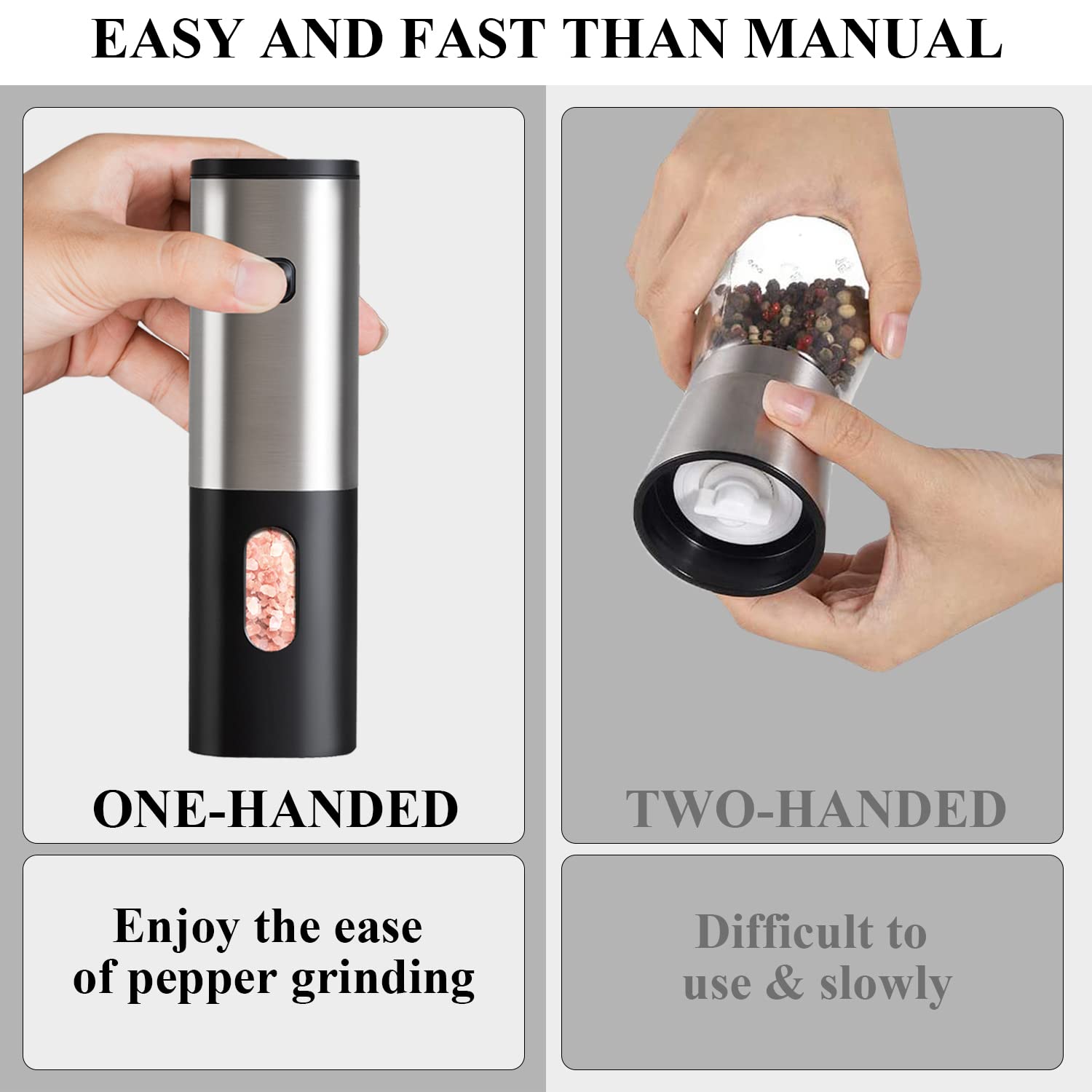 Electric Salt and Pepper Grinder Set, Automatic Pepper Mill with LED Light, Adjustable Coarseness, Battery Powered, One Hand Operated Refillable for Kitchen Resturant BBQ, Stainless Steel Black,2 Pack