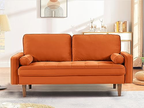 Container Furniture Direct Velvet 58" Loveseat Sofa Couch for Living Room, Classic Mid-Century Style with Modern Silhouette, Button Tufting and Wood Legs, Includes 2 Bolster Pillows, Orange