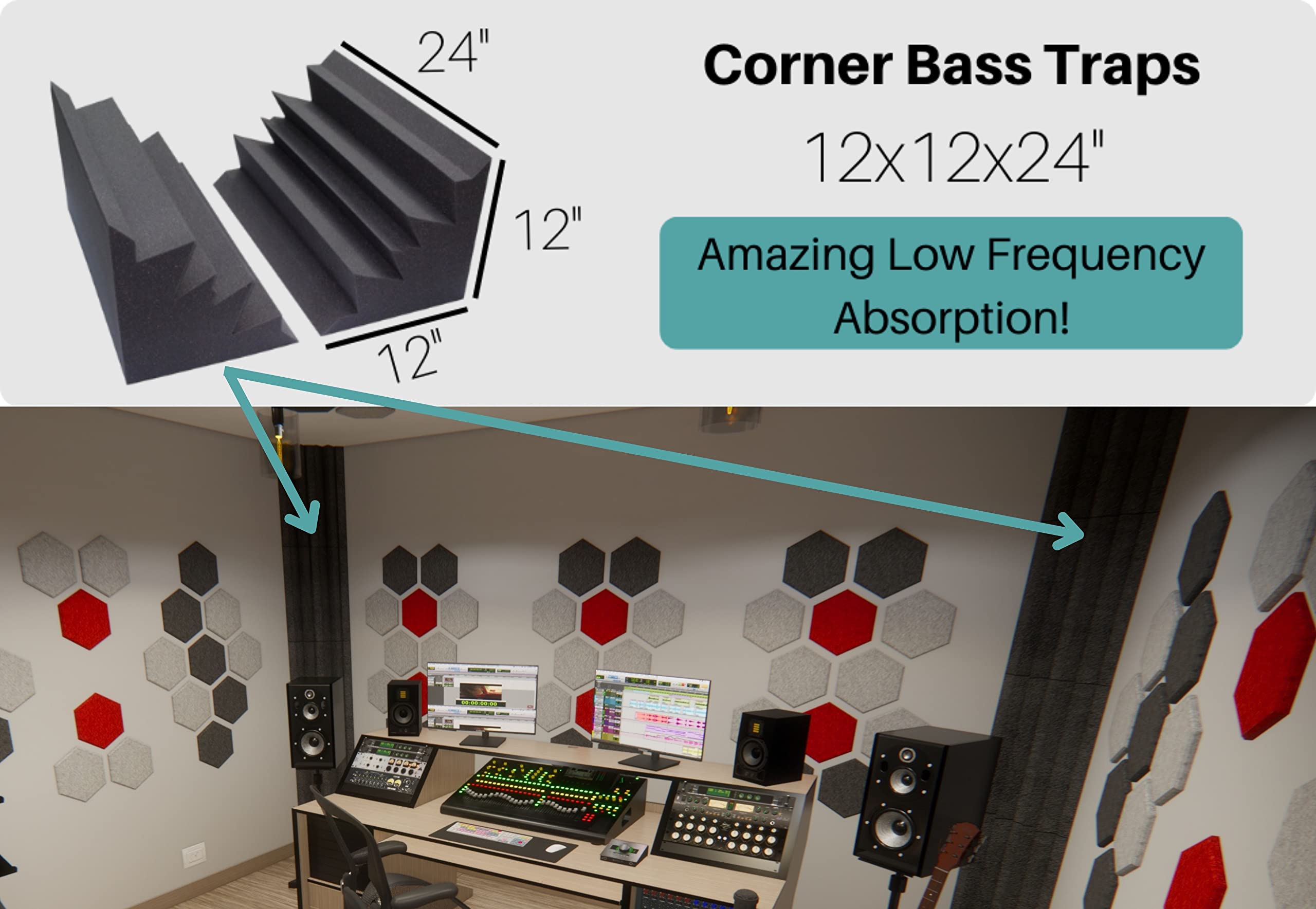 Color Acoustic Foam Bass Traps, Bulk 24โ x 12โ x 12โ XL Soundproofing Studio Foam Bass Trap Bundle (4 Pack, Charcoal)