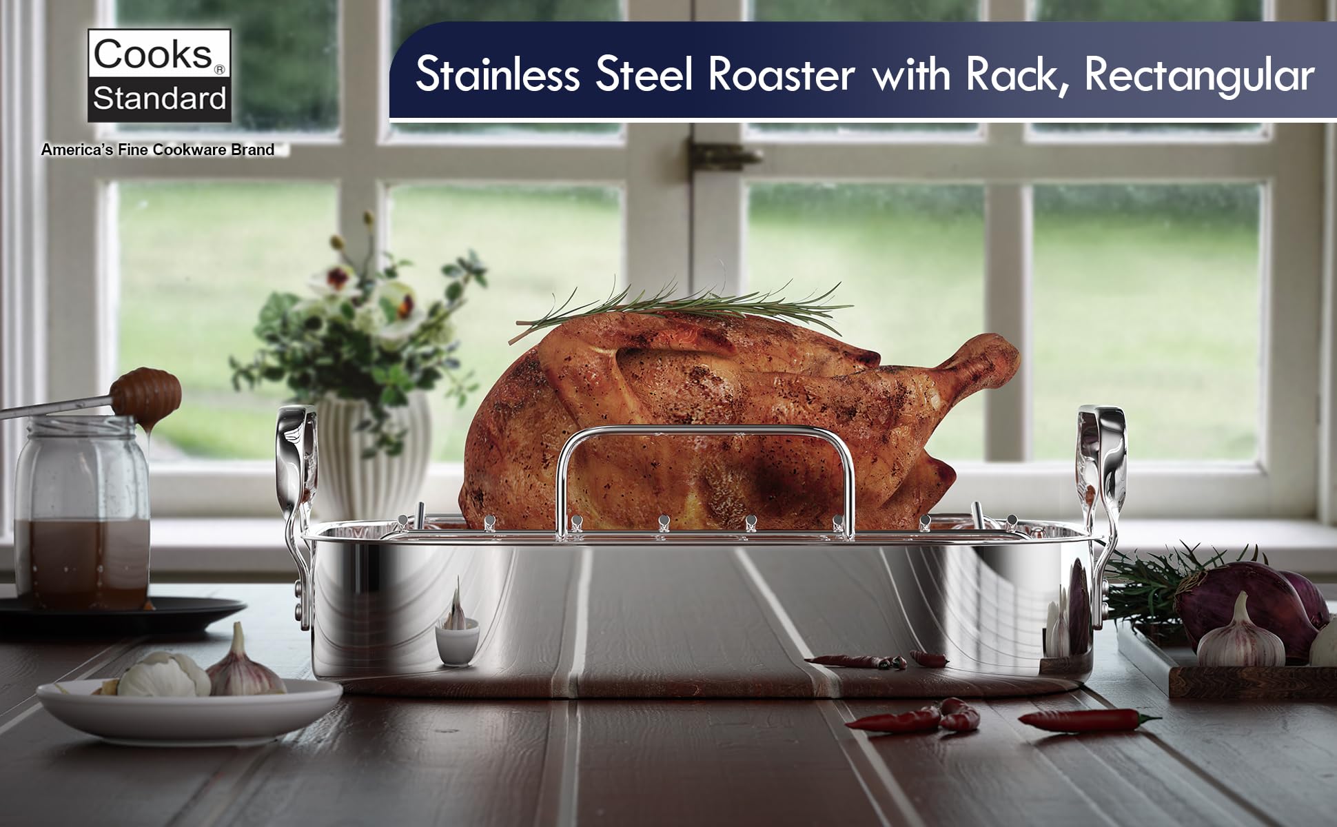 Cooks Standard Stainless Steel Roaster Pan with V-Shaped Rack, 16-Inch by 13-Inch Turkey Roasting Pan Bakeware for Oven, Rectangular