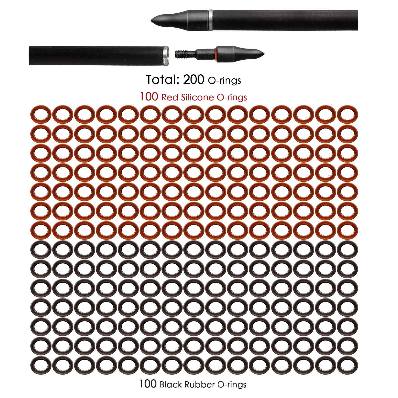 Diolili 200 Pcs Archery Arrow Broadheads Field Points O-Rings Black Rubber and Red Silicone Orings