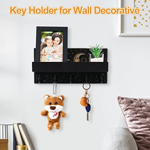 Key Holder for Wall, Patterned Key Hanger for Wall with Shelf, Decorative Key and Mail Holder with 5 Key Hooks for Entryway,Black Sun Moon