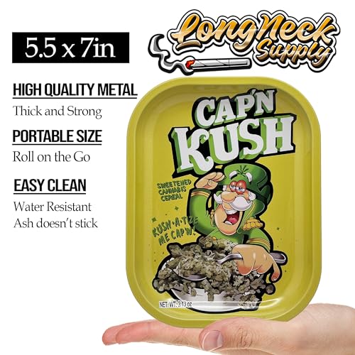 Long Neck Supply Metal Rolling Tray Smoke Accessories Captain Design (5.5" x 7")