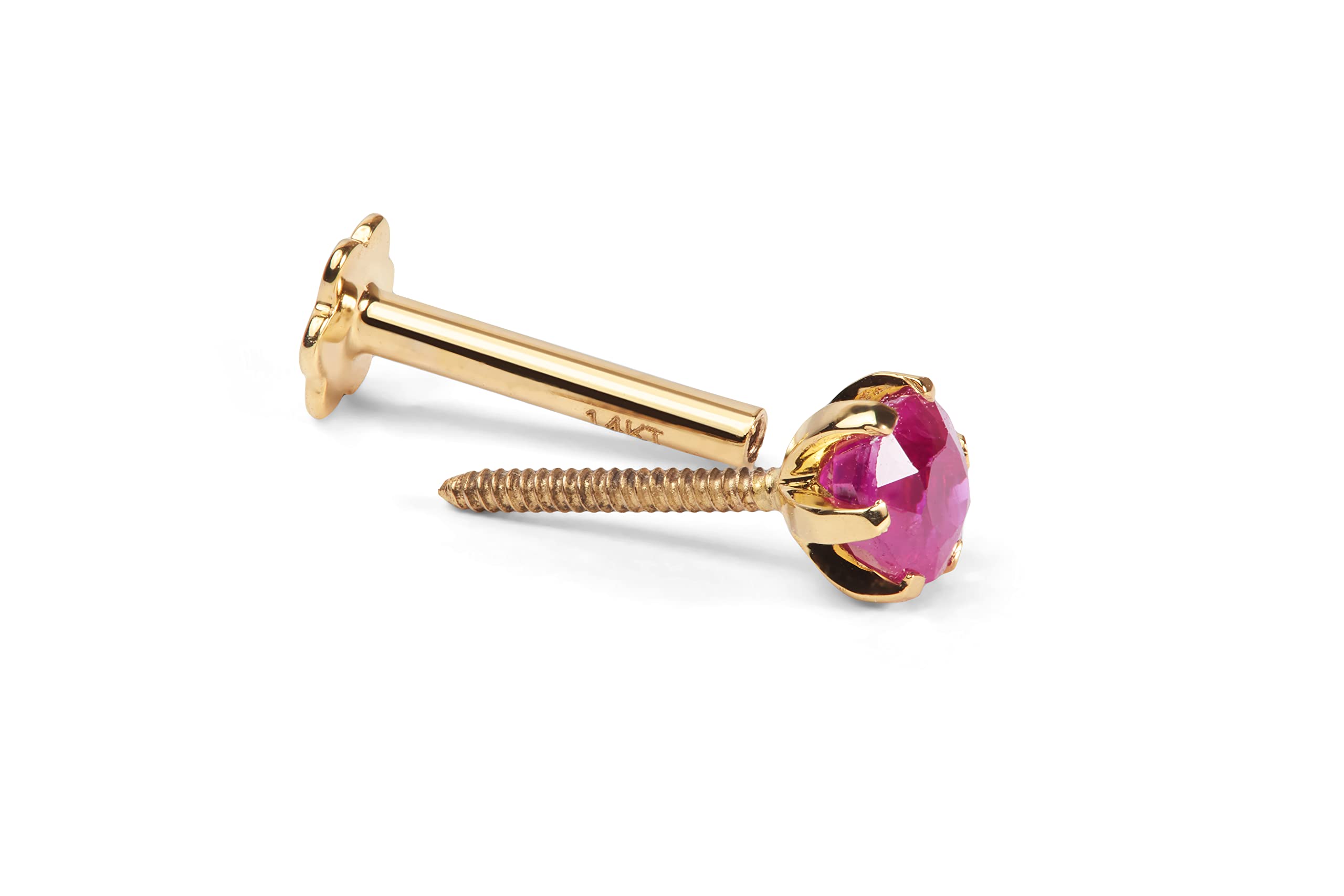 Demira Jewels Handcrafted Natural solitaire Red Ruby in 14K Yellow Gold with 8MM Post Lenght and 16 Gauge Thickness Long Screw Back.