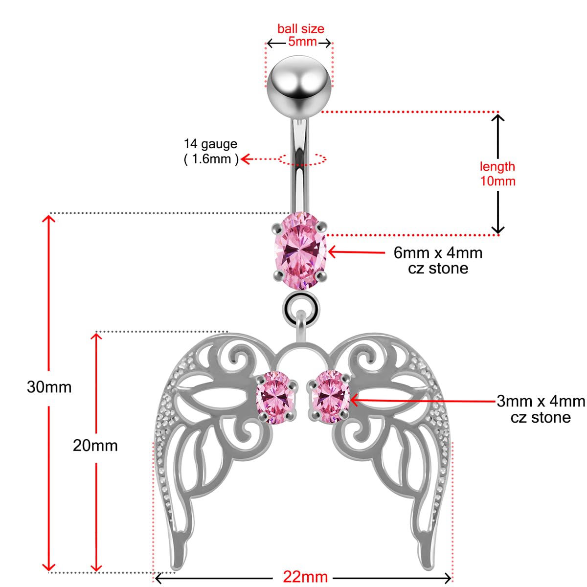 Dark Blue Gemstone Fancy Angel Wings with Floral Dangling Design 925 Sterling Silver with Stainless Steel Belly Button Navel Rings