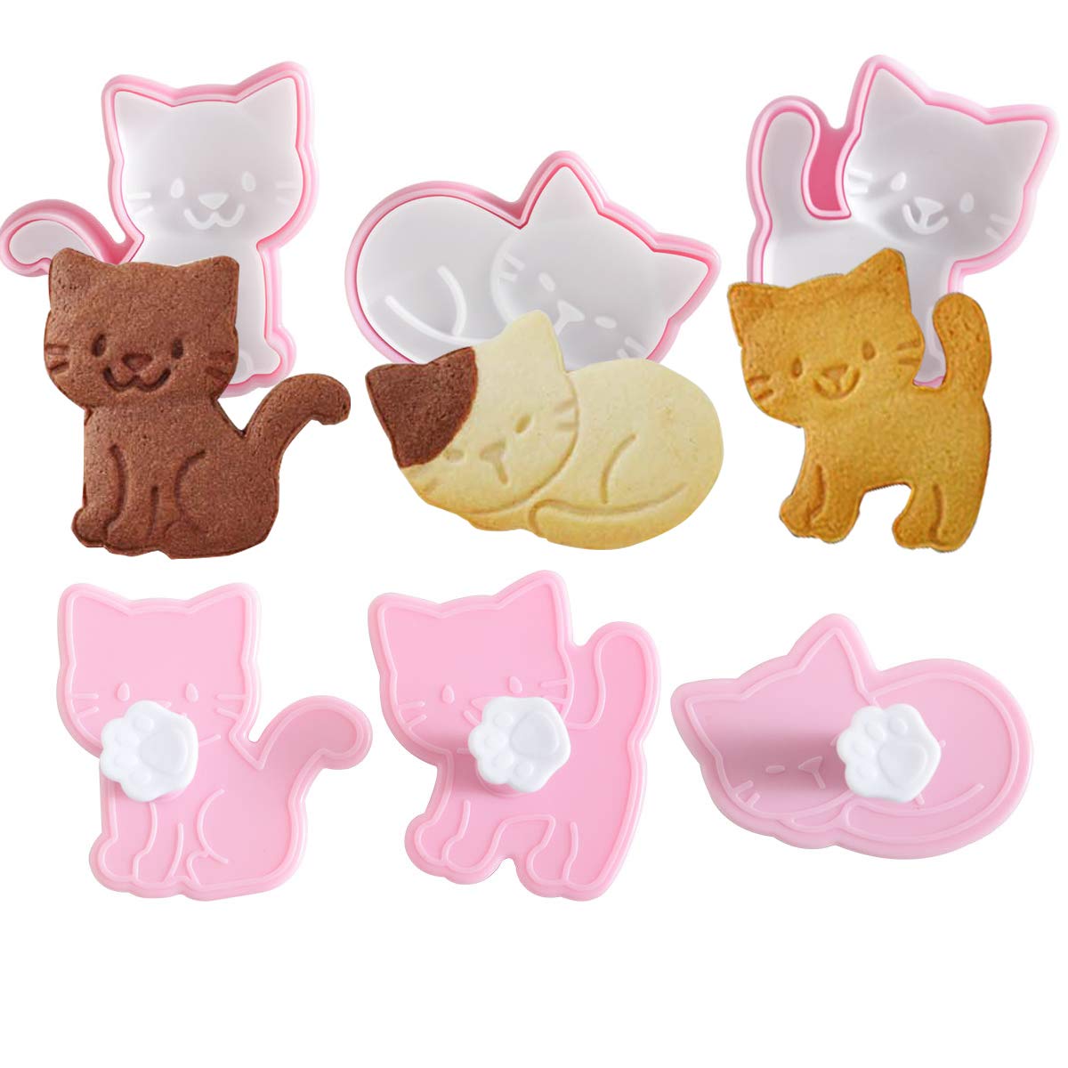 GOODFEER Cookie Cutters Cat Shape,3pcs Animal Cookie Stamps for Baking, bladeless safety Baking Molds For Biscuit
