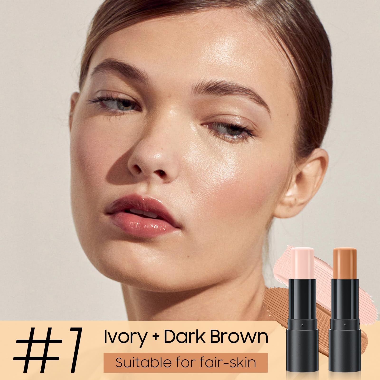 Double-End Contour Stick Highlighter Stick - Waterproof Concealer & Bronzer Contouring Stick, Face Makeup Brightens & Shades Pencil for Face Body, Long-Lasting Smooth Professional Cream Stick Set (01#Ivory+Dark Brown)