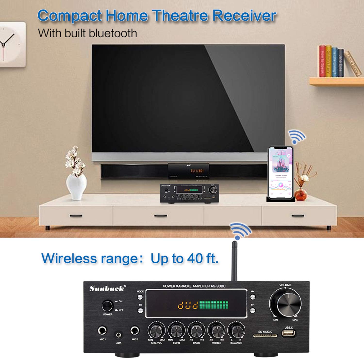 Wireless Bluetooth Home Audio Amplifier β 400W Dual Channel Home Theater Sound Compact Stereo Receiver System w/FM Radio, USB/SD, AUX, RCA, Mic in, Remote Control for Sweet Sound. (Sunbuck AS-90BU)