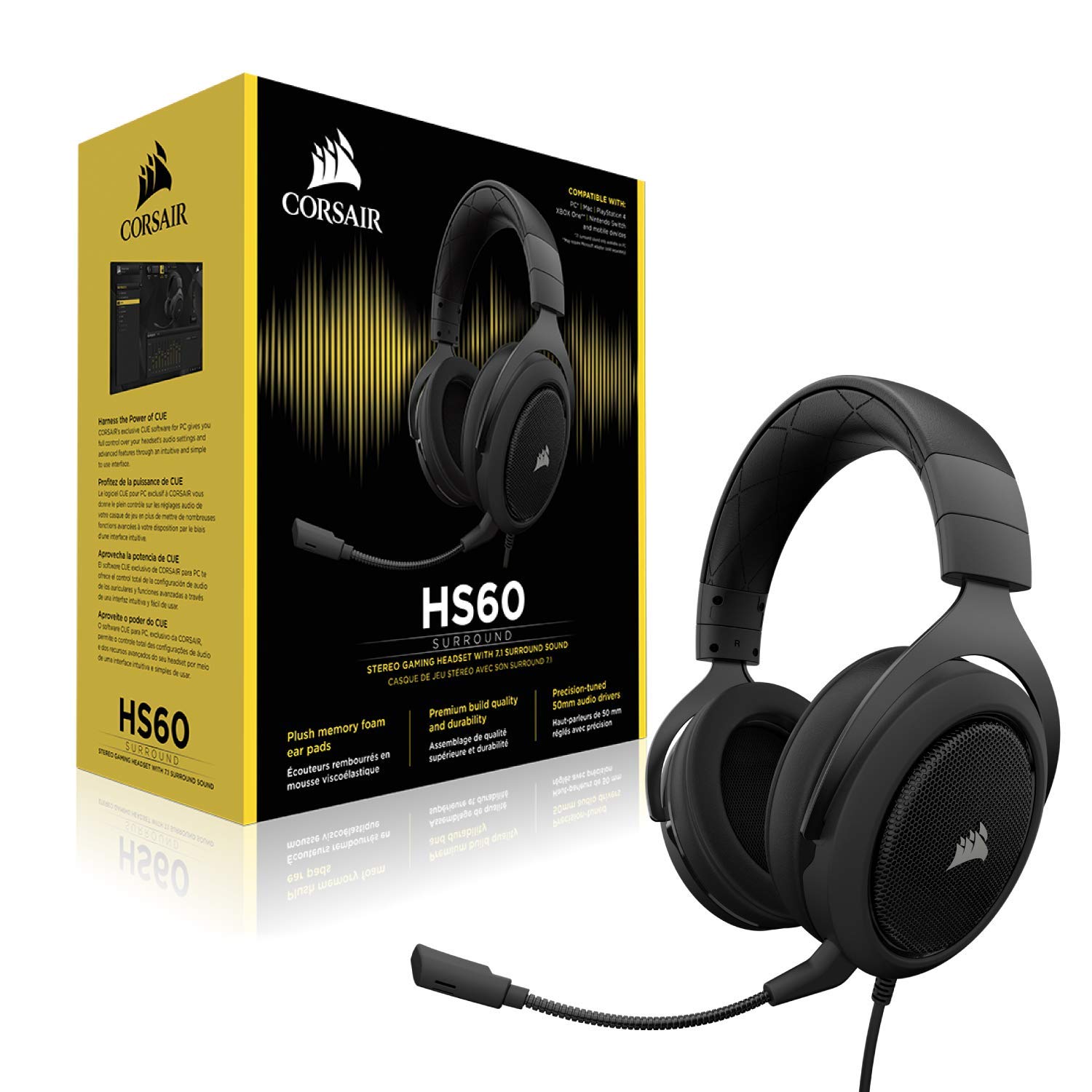 Corsair HS60 β 7.1 Virtual Surround Sound PC Gaming Headset w/USB DAC - Discord Certified Headphones β compatible with Xbox One, PS4, and Nintendo Switch β White, 3.5mm + USB 7.1