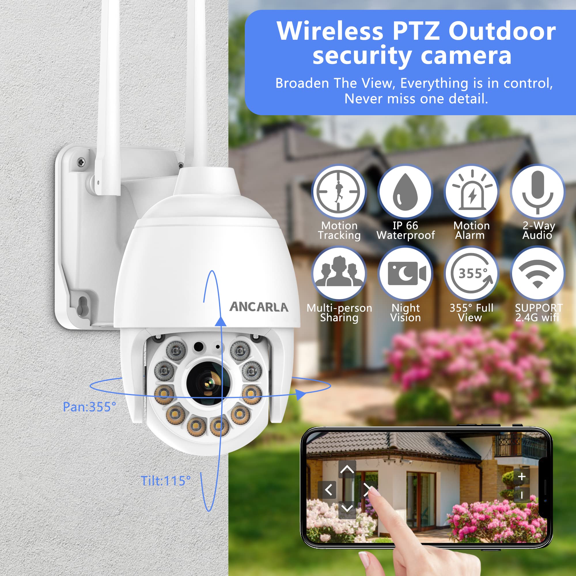 Security Camera WIFI Wireless 360° View Smart Home Surveillance Cameras with Motion Detect,Color Night Vision,Two Way Talk,Human body Auto Tracking,The Camera need to connect to the DC12V power supply