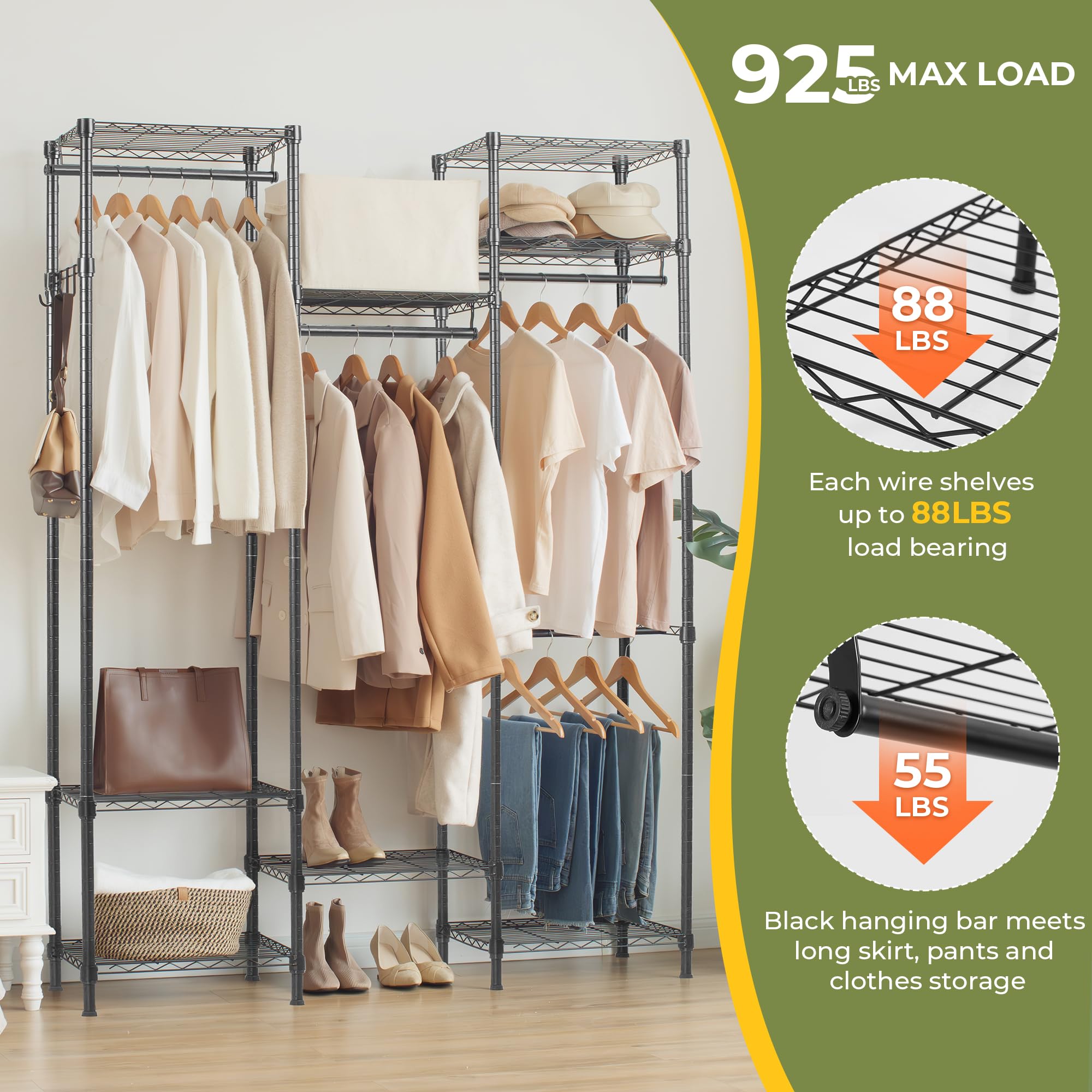JS HOME Portable Closet Wardrobe Heavy Duty Clothes Rack, Freestanding Clothing Rack with 4 Hang Rods & 8 Shelves, Adjustable Closet Rack, 57" L x 15.7" W x 76.8H, Max Load 925LBS, Black