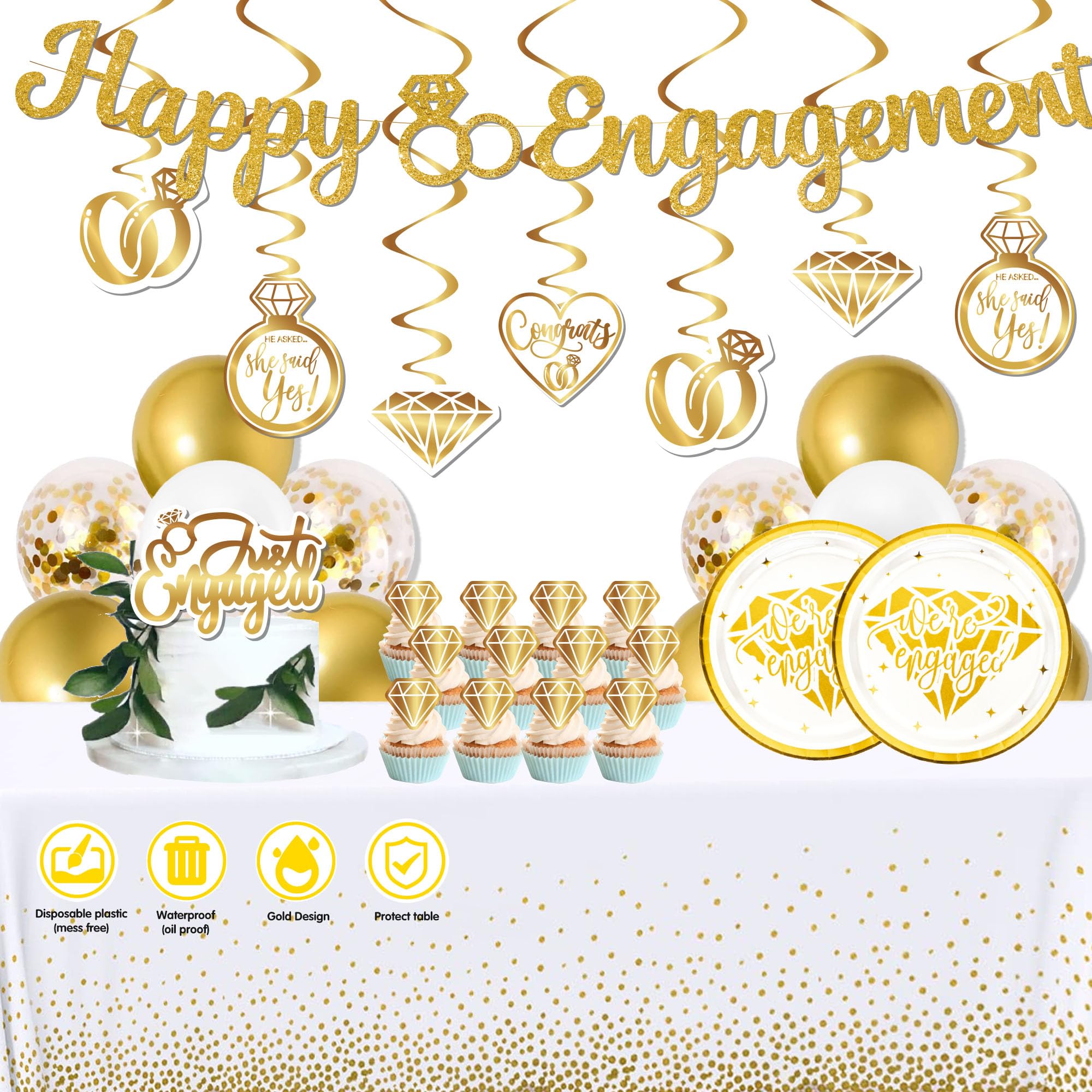gold engagement party decorations - (Total 90pcs) Glitter happy Engaged Banner, MR and MRS Balloons, Hanging Swirl,balloons, Ring Balloons for Wedding Engagement Party Decor