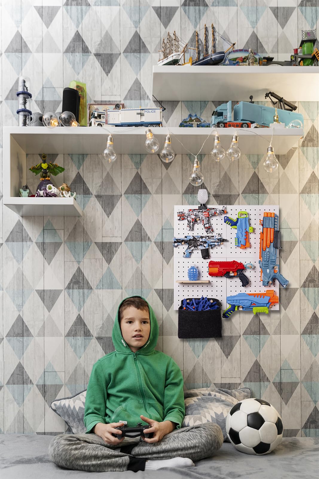 IneVibe Nerf Display Wall Organizer - Wooden Pegboard Storage Holder for Mounting Nerf Guns & Gel Blasters, 4 Piece Rack W/Bag for Darts