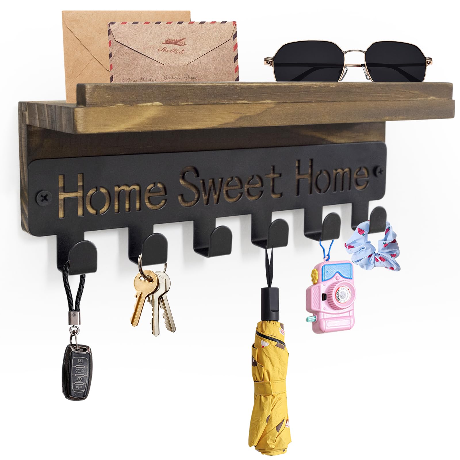 Iswabard Mail Holder with Key Hooks Key Holder for Wall Key Holder with Wooden Shelf, 6 Hooks, Key and Mail Holder Wall Mount Keys Holder on Wall Key Hanger Wall Mount (Brown)